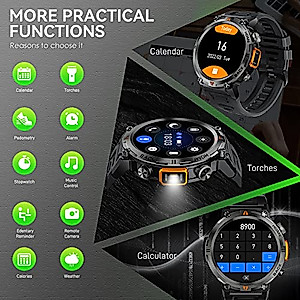 Military Smart Watch for Men (Call Receive/Dial) with LED Flashlight, 1.45" HD Outdoor Tactical Rugged Smartwatch, Sports Fitness Tracker Watch with Heart Rate Sleep Monitor for iPhone Android Phone