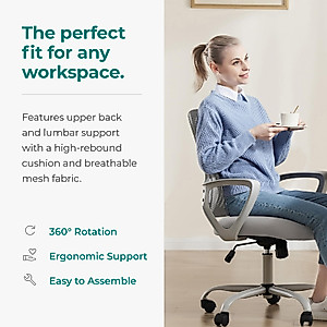 Ergonomic Office Chair, Home Desk Mesh Chair with Fixed Armrest, Executive Computer Chair with Soft Foam Seat Cushion and Lumbar Support