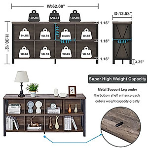 FATORRI 8 Cube Storage Organizer Bookshelf, Rustic Wood Cubby Bookcase, Industrial Horizontal Long Shelf for Living Room (Walnut Brown, 62 Inch)