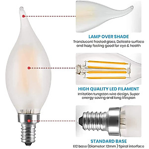 E12 LED Candelabra Bulb,4W Vintage Edison Style Light Bulbs, 40 Watt Equivalent,2700K Warm Soft White 400LM, Dimmable Candle Bulbs, C35 Frosted Glass Flame Shape Bent Tip（6pack）