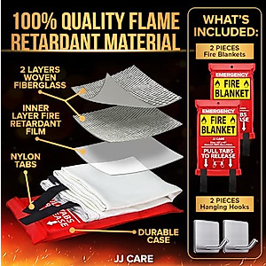 JJ CARE Fire Blanket – 2 Packs with Hooks – Emergency Fire Blanket for Home & Kitchen, High Heat Resistant Fire Suppression Blankets for Home Safety, Kitchen, and Camping