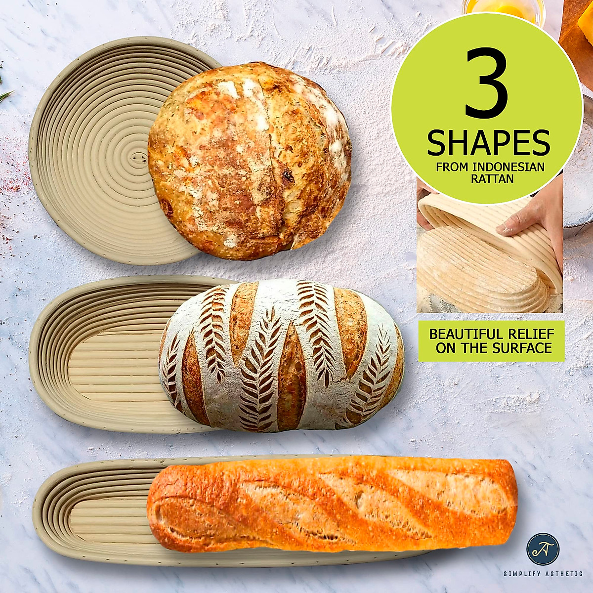 Banneton Bread Proofing Basket - A Complete Sourdough Bread Baking Supplies - Bread Baking Supplies - Sourdough Starter Jar - Indonesian Proofing Basket Set of 22-9" Round, 10" Oval, 15"Baguette