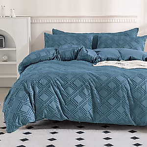 JELLYMONI Grayish Blue Duvet Cover Twin Size - 3 PCS Microfiber Tufted Duvet Cover Set, Boho Textured Duvet Cover Jacquard Rhombus Geometric Pattern Duvet Cover with Corner Ties & Zipper Closure