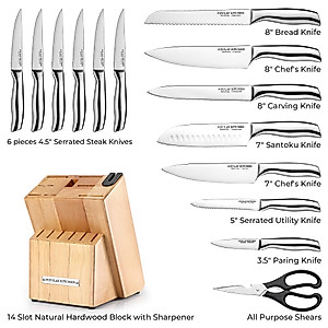 Zulay 15 Piece Stainless Steel Knife Set with Block and Sharpener - Sharp Knife Block Set with Built In Sharpener - Kitchen Knife Set With Block - Rust Proof Knife Set Stainless Steel