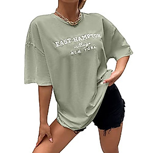 Cozyease Women's Letter Print Oversized Short Sleeve Round Neck Casual T Shirt Top Mint Green M