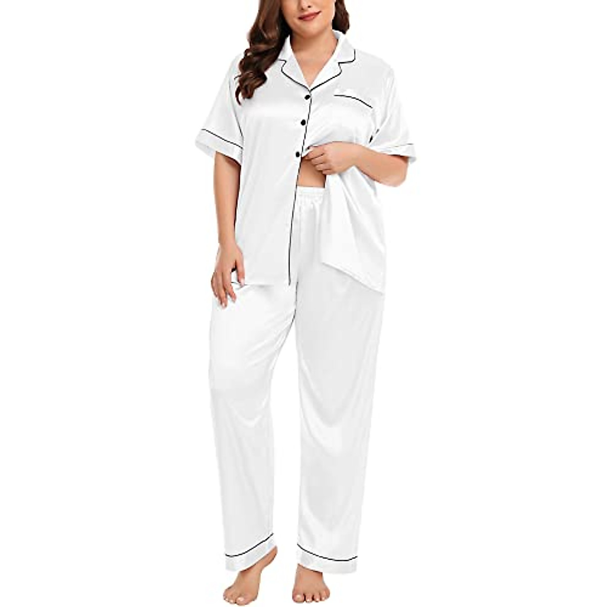 SWOMOG Plus Size Silk Pjs for Women Satin Pajamas Bridal Pajama Set V-Neck Classic Pj Set for Pajama Party 2 Piece Loungewear 24W White