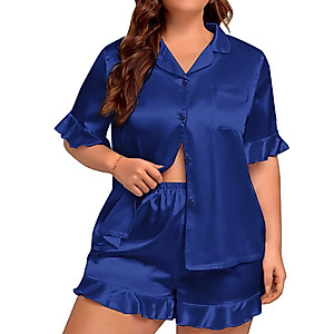 SWOMOG Womens Plus Size Pajamas Satin Silk Short Sleeve Pjs Sets Ruffle Shorts Plus 2 Piece Sleepwear Summer Pj with Pocket Navy Blue