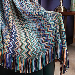 BATTILO PTY Boho Throw Blanket，Bohemian Throw Blankets with Tassel,Decorative Cozy Fall Christmas Throw Blankets for Couch Sofa Picnic (Blue, 50"×60")