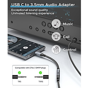 Warrky USB C to 3.5mm Audio Headphone Adapter【Flawless 24bit Hi-Res Sound Quality】 Type-C to Headphone Jack Compatible with Samsung Galaxy S22/S21/S20 Plus, Pixel 6/5/4, iPad Pro, Motorola, OnePlus