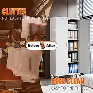 Aobabo Metal Storage Cabinet with Wheels,Heavy Duty Office Storage Cabinet with Lock,Steel Cabinet with 2 Doors and 4 Adjustable Shelves for Office Home School Storage,Required-Assembly White