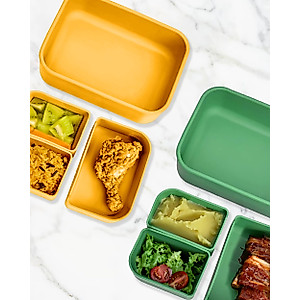 Versatyle Platinum Silicone Bento Box, Leak Proof Lunch Box 2 Pack with 3 Removable Compartments, Container Snack Box, Microwave, Freezer and Dishwasher Safe (Yellow and Green)