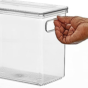 mDesign Slim Plastic Stackable Kitchen Cabinet Storage Bin Box, Handles and Lid - Fridge, Cabinet, Counter Organizer for Snacks, Food, Drinks, or Supplies, Ligne Collection, 4 Pack, Clear