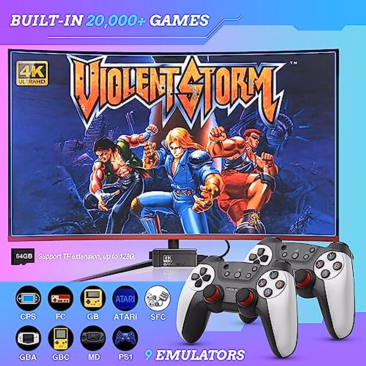 Wireless Retro Game Console, Equipped with 64G TF Card Plug and Play, Nostalgia Game Stick 4K 20000+ Games Built-in, 9 Classic Emulators, with Dual 2.4G Upgraded Wireless Controllers, White