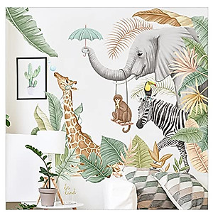 Africa Jungle Animal Wall Stickers,giraffe elephant Zebra Monkey plant Wall Decals, Peel and Stick Removable Wall decor, Diy Art Mural Decoration,Jungle Wallpaper for Kids Baby Nursery Kindergarten Living Room Toddler boys Girls Bedroom