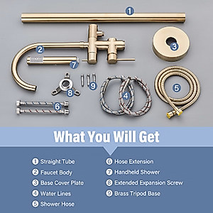 Brushed Gold Freestanding Bathtub Faucet with Hand Shower Tub Filler Faucet Floor Mounted High Flow Single Handle Bath Filler Solid Brass