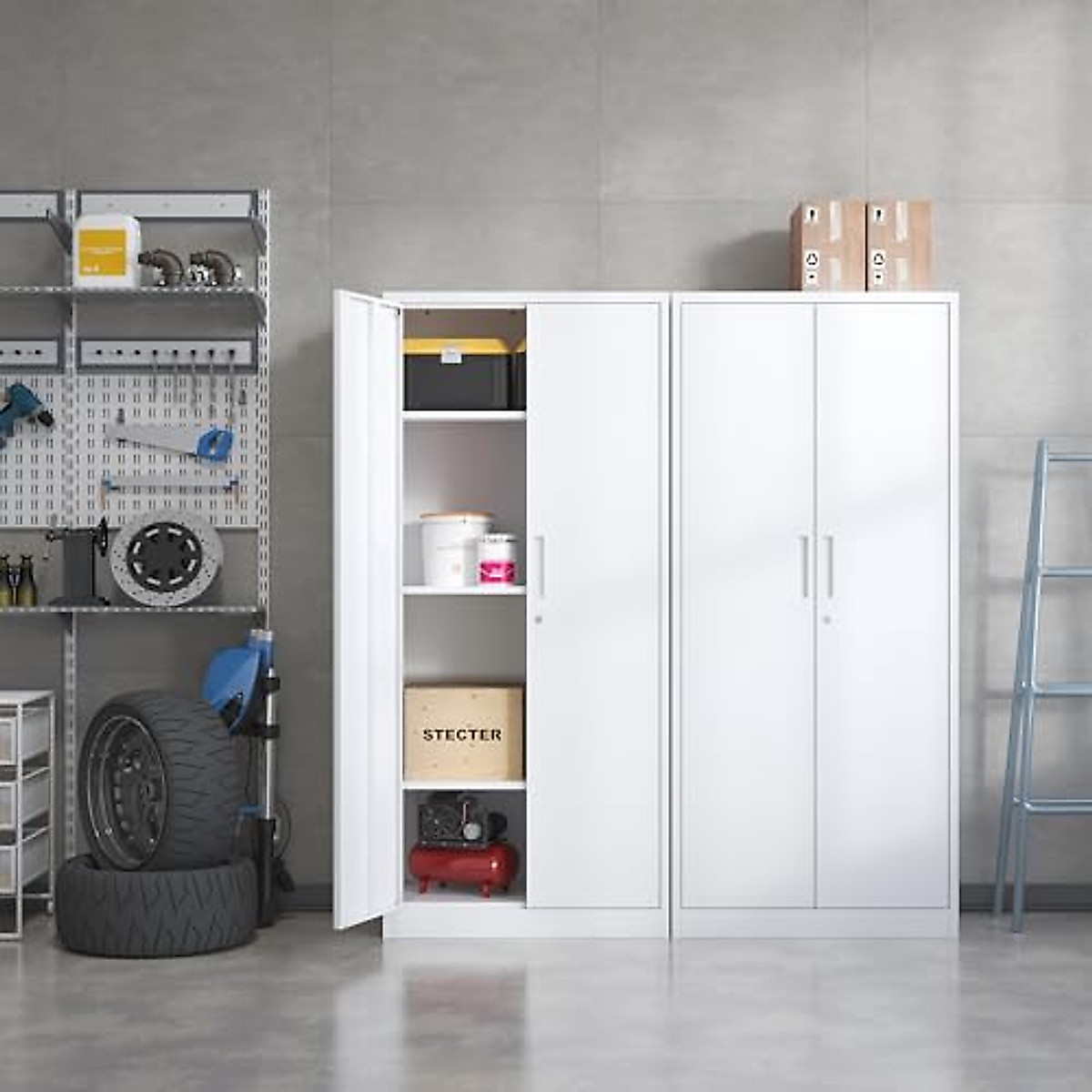 IKIMI Metal Storage Cabinet with Doors and Shelves,Steel Locking Garage Cabinets Utility Locker Tool Cabinets for Home Kitchen Office Basement