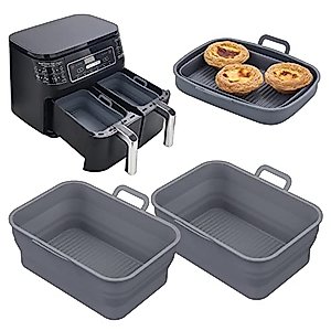 Vangerute Collapsible 2-Pack Air Fryer Silicone Liners for 8QT & 10QT NINJA Foodi Dual, Rectangular Air Fryer Silicone Pot, Reusable Silicone Air Fryer Basket for Air Fryer Accessories(Gray)