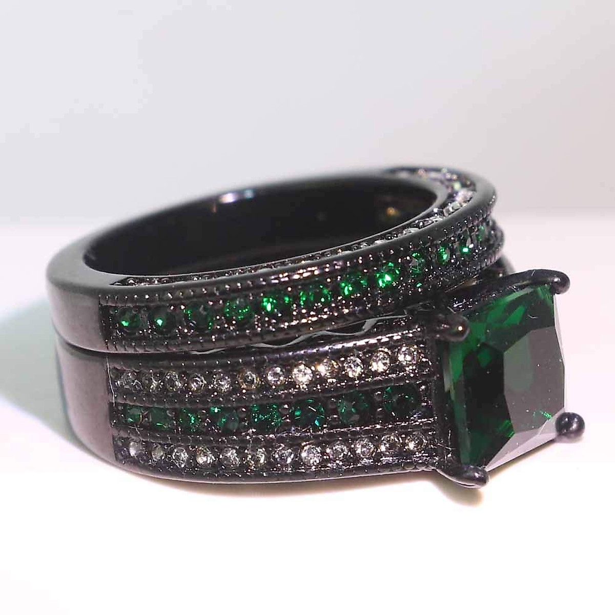 Bridal Sets Luxury Black Gold Plated Womens Wedding Ring Sets Princess cut 8mm Green Cz Engagement Ring Sets