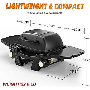 Kukoofyer Gas Grill Portable Propane Grill, Tabletop Grill Propane, 24,000 BTU Outdoor BBQ Grill Camping Grill with Two Burners, Removable Side Tables, Built in Thermometer, Black