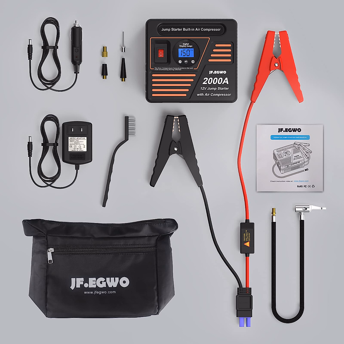 JF.EGWO 2000A Car Jump Starter with Air Compressor, 22000mAh Battery Booster (Up to 8.5L Gas or 8.0L Diesel Engine) &150 PSI Tire Inflator, Built-in 2 USB Ports and 2 LED Light