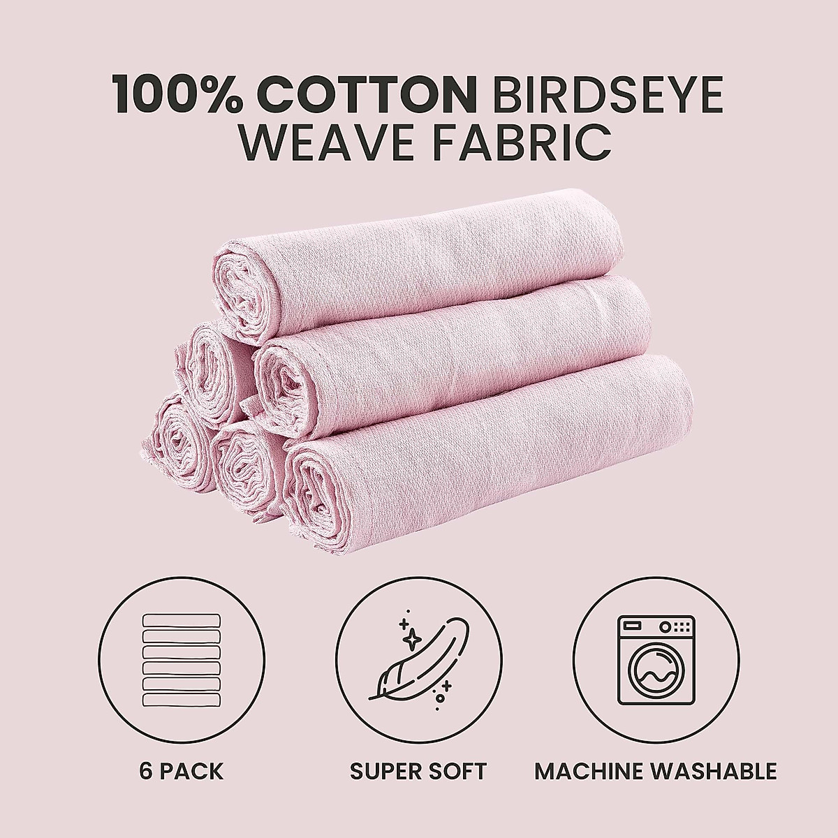 Little Pipers Deluxe 100% Natural Cotton Birdseye Cloth Diapers for Babies - Absorbent Cloth Diapers Burp Cloths - Pink - 6 Pack