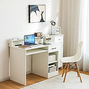 Tangkula White Computer Desk with Drawer & Keyboard Tray, 22 Inch Wide Modern Study Writing Desk with Desktop Hutch & Storage Shelves for Kids, Wood PC Laptop Desk, Desk for Bedroom