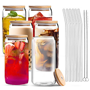 Vozoka Beer Glass Cups with Bamboo Lids and Glass Straw, 6 Set 16 Oz Ice Coffee Glasses, Tumbler Glass Cup, Drinking Glasses Set for Coffee Whiskey Cocktail