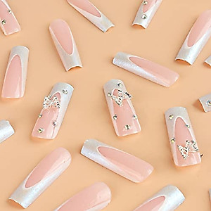 24pcs Long Square Fake Nails French Tip Press on Nails 3D Metal Butterfly Glue on Nails Glossy Rhinestone Acrylic Nails Pink White False Nails Long for Women Manicure Decorations