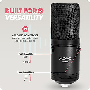 Movo VSM-5 Large Diaphragm XLR Studio Cardioid Condenser Microphone with Shock Mount, Pop Filter, and XLR Cable - Ideal Mic for Vocals, Podcasting, Streaming, Broadcasting, ASMR, and More