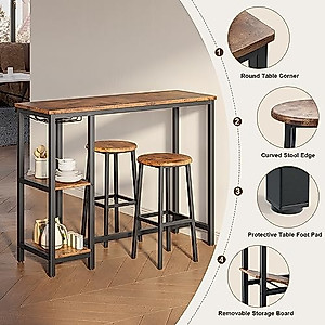 Qsun 3-Piece Bar Table and Chairs Set for 2, Bar Table Set with 2 Storage Shelves, Pub Table Set with Glass Holder for Living Room, Dining Room, Kitchen, Rustic Brown