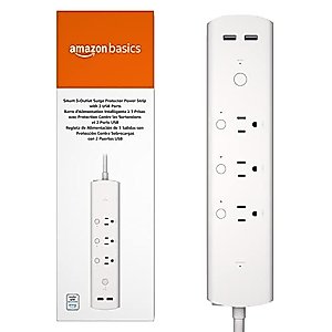 Amazon Basics Smart Plug Power Strip, Surge Protector with 3 Individually Controlled Outlets and 2 USB Ports, 2.4 GHz Wi-Fi, Works with Alexa