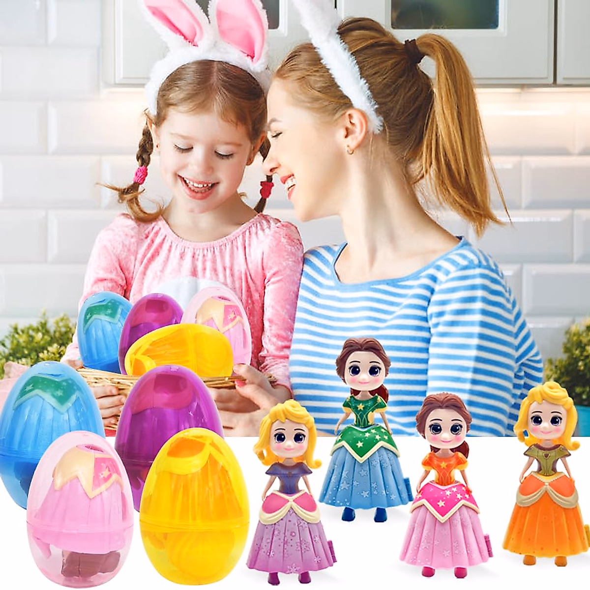 4Pack Easter Jumbo Princess Deformation Prefilled Easter Eggs with Toys, Easter Party Favors Gift for Girls Boys, Toddlers Kids Easter Basket Stuffers Fillers, Classroom Prize Supplies (Princess)