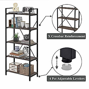 FATORRI 5 Tier Industrial Bookshelf, Rustic Open Bookcase for Display, Dark Wood and Metal Shelving Unit and Tall Book Shelves for Home Office (Walnut Brown)