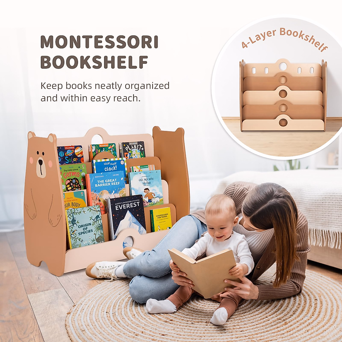 OOOK Solid Wood Pine Montessori Bookshelf, 4 Tier Nursery Book Shelves, Kids Bookshelf for Classroom, Durable Book Shelf for Kids Rooms, Perfect for Playroom, Bedroom, Study Living Room, Nursery