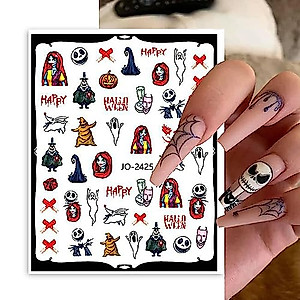 Halloween Nail Art Stickers Decals 6 Sheets Halloween Theme 3D Nail Stickers Halloween Nail Art Supplies Pumpkin Ghost Puppet Dolls Bats Terror Castle Witches Design Stickers for Women Kids