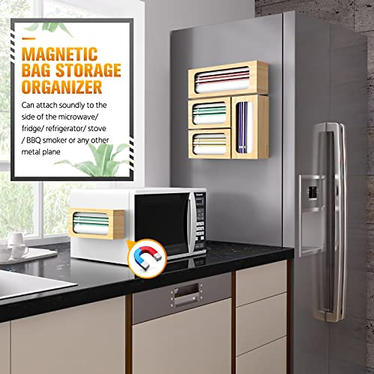 Ziplock Bag Storage Organizer for Kitchen Drawer - Magnetic Food Storage Bag Holders, Bamboo Baggie Organizer, Compatible with Gallon, Slider, Quart, Sandwich, Snack & Variety Size Bag （4-pack）