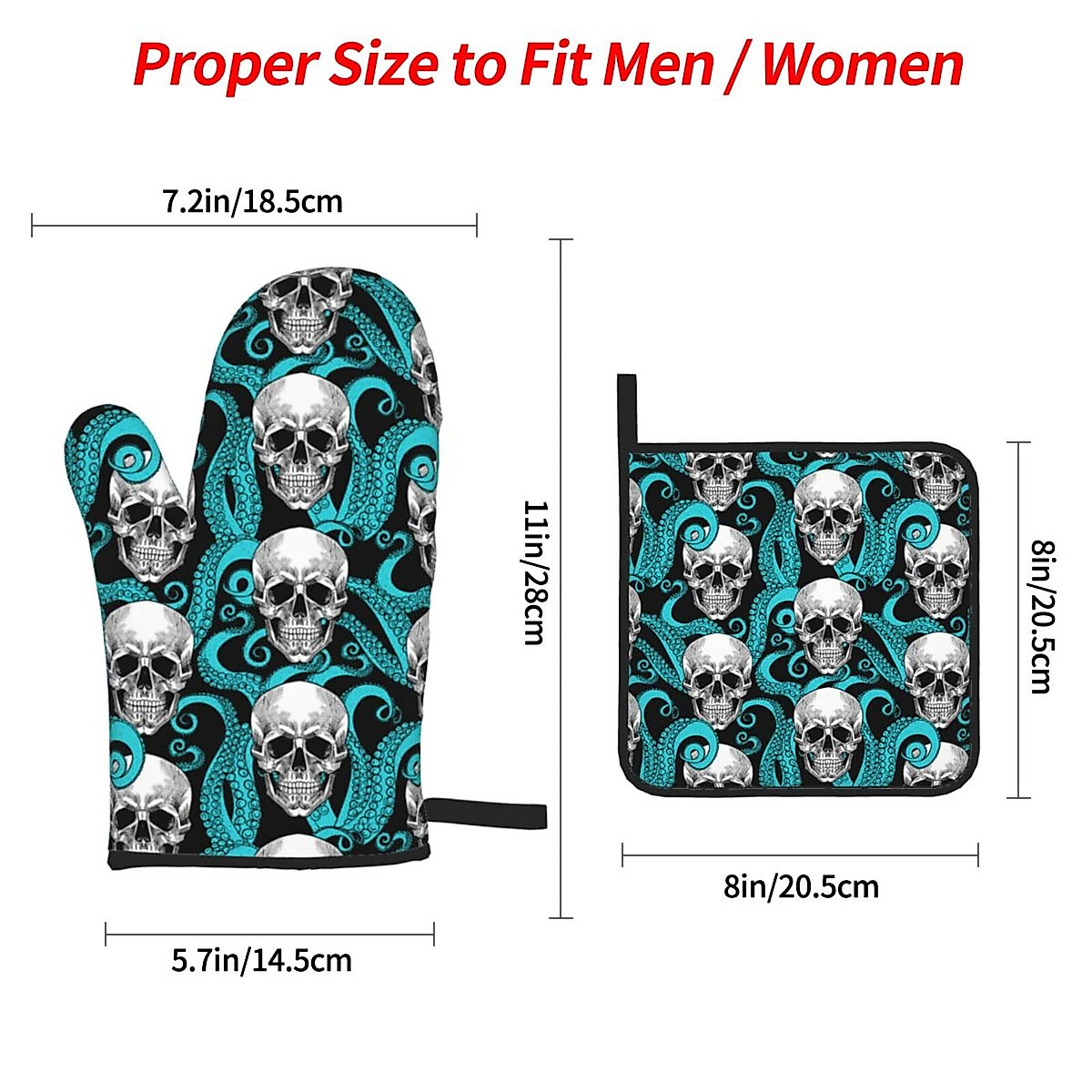 Skull Oven Mitts and Pot Holders 4pcs Sets，Funny Kitchen High Heat Resistant Oven Mitts，with Oven Gloves and Hot Pads Pot Holders for Baking Cooking BBQ Grilling