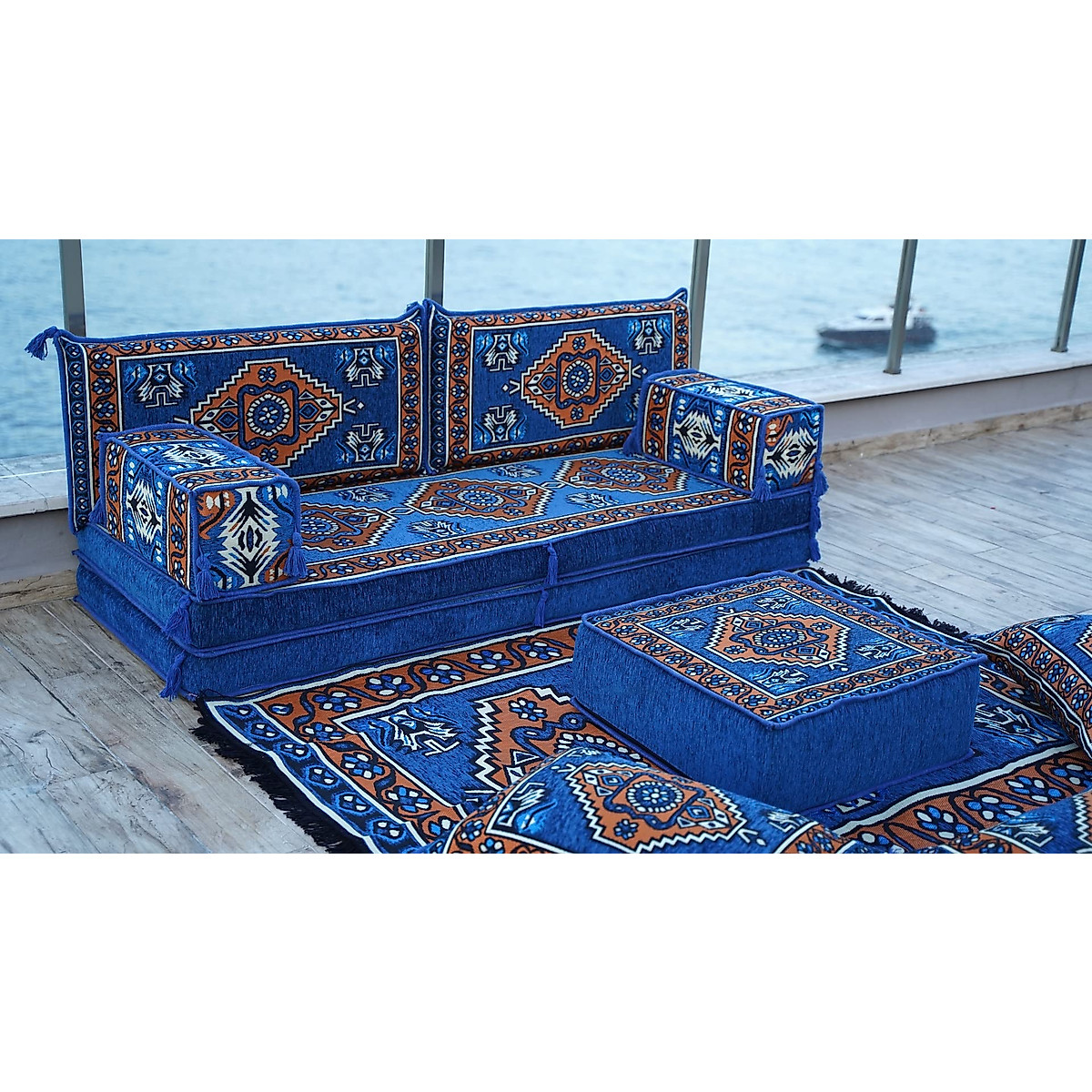 Royal Blue 8" Thickness Arabic Floor Sofa, Meditation Yoga Loveseat, Sectional Sofa, Arabic Majilis, Healing Room Floor Cushion, Sofa Covers (Sofa Full Set)