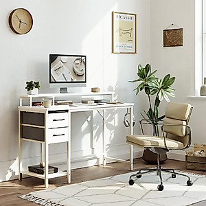 CubiCubi Computer Desk with Drawers, 47 Inch Reversible Office Desk with Monitor Stand and Storage Shelves, Work Writing Study Desk Table for Home, White