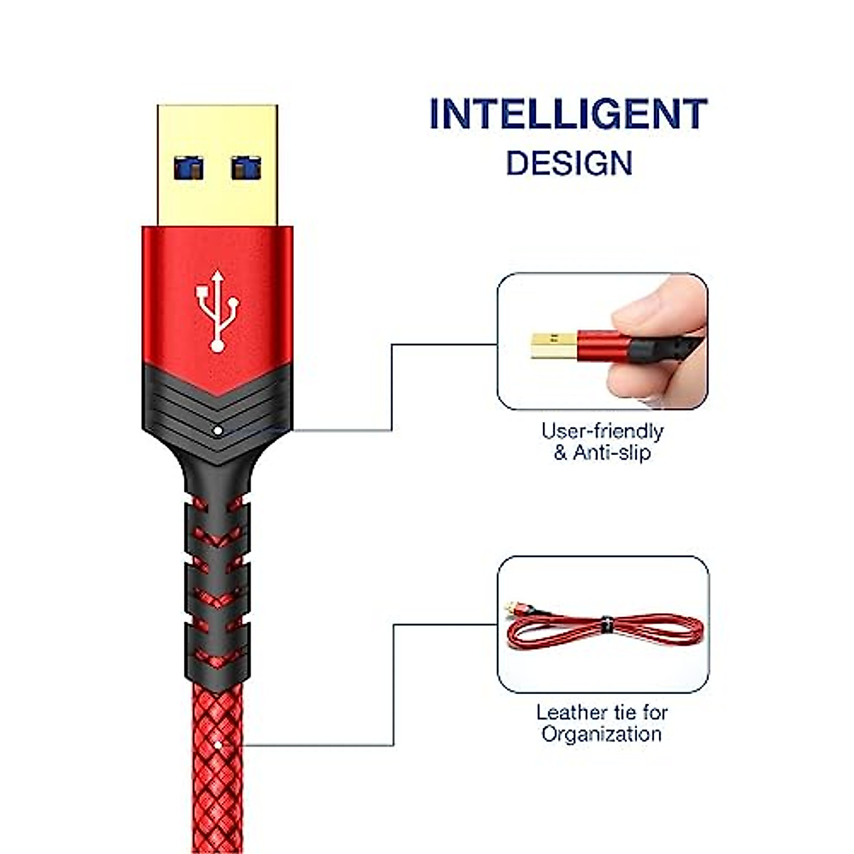 JSAUX Hard Drive Cable [2 Pack,0.3M+1M] USB 3.0 A to Micro B Nylon Cable Compatible with Portable External Hard Drives,WD Elements,Seagate Expansion,Toshiba,Samsung M3 1TB/Galaxy S5/Note 3-Red