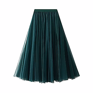 Daysskk Green Tulle Skirt for Women Midi Length Pleated Skirts for Women Long Length Womens Flowy Skirts Mesh Skirts Women's Skirt A-Line 33"
