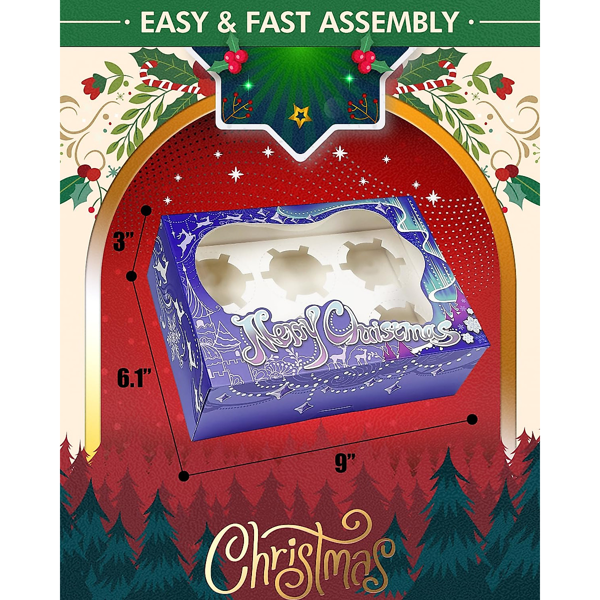 qiqee Christmas 6 Cupcake Boxes with Window 30 Packs BluePurple Cupcake Box 9"x6.1"x3.3" Bakery Boxes For Cupcakes Carrier, Cupcake Containers