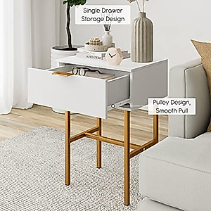 Masupu Nightstand,Mid-Century Modern Bedside Table with Drawer,Small End Table with Gold Frame for Bedroom,Living Room,Classic White