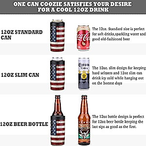 2 Pack Slim Can Cooler, 4-IN-1 Can Insulator for 12 Oz Beer & Soda, Double Wall Stainless Steel Can Sleeves Keep Your Beverages Cold (American Flag&Black)