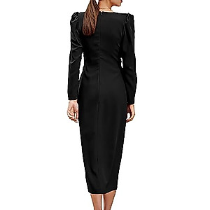 PRETTYGARDEN Women's Fall Fashion 2023 Long Puff Sleeve Maxi Dresses V Neck Twist Front Formal Dress with Slit (Black,Medium)
