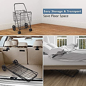 Safstar Folding Shopping Cart, Metal Grocery Cart w/Extra Basket & 360° Swivel Wheels & Non-Slip Handle, Heavy Duty Utility Cart for Grocery Laundry Book Luggage (Black)