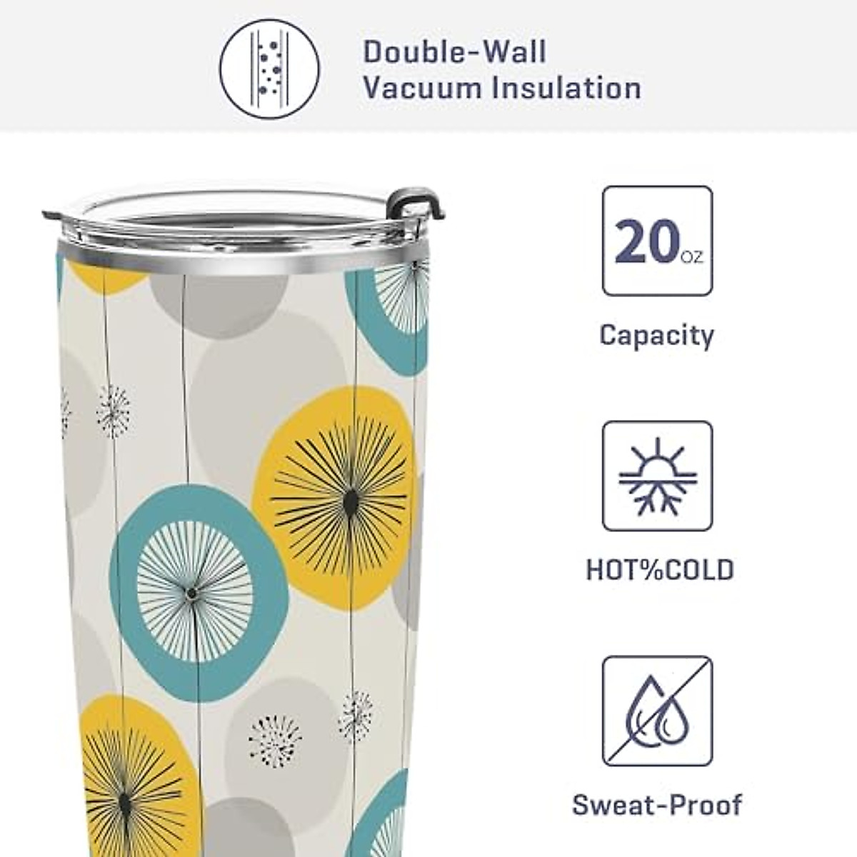 Dandelion Geometric Abstraction Stainless Steel cup for men with Straw Leak Resistant Flip travel coffee mug spill proof for Water, Iced Tea or Coffee Aesthetic tumbler with lid and straw 20 OZ
