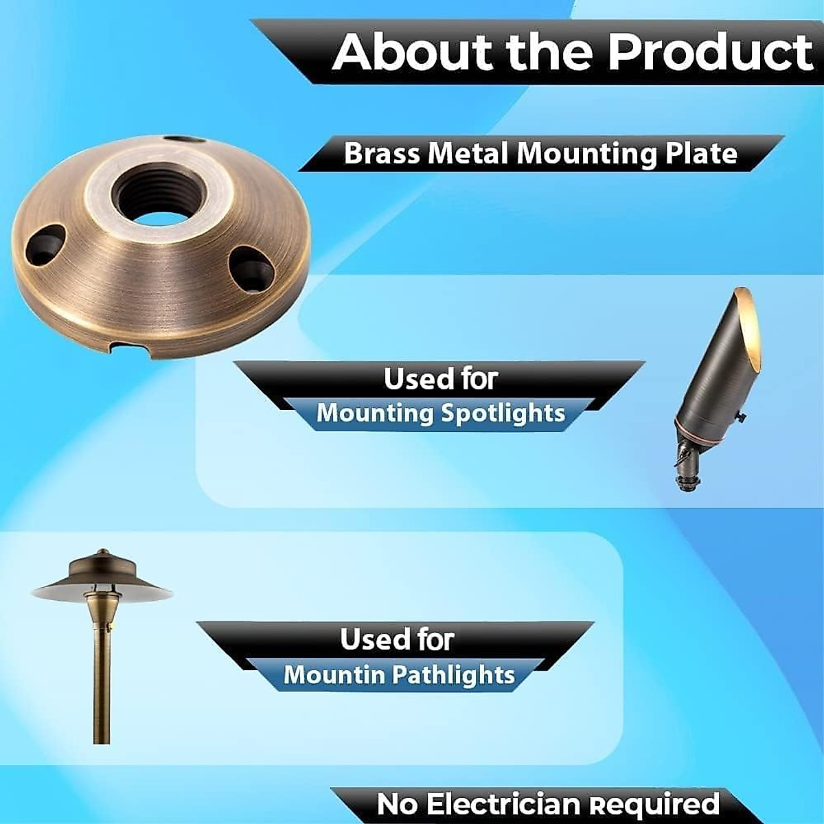 LED Lights Brass Mounting Plate by MIK Solutions Heavy Duty Surface Flush Mount Low Voltage LED Light Outdoor Landscape Lighting Mushroom Security Garden Lights Home Patio Deck Pool