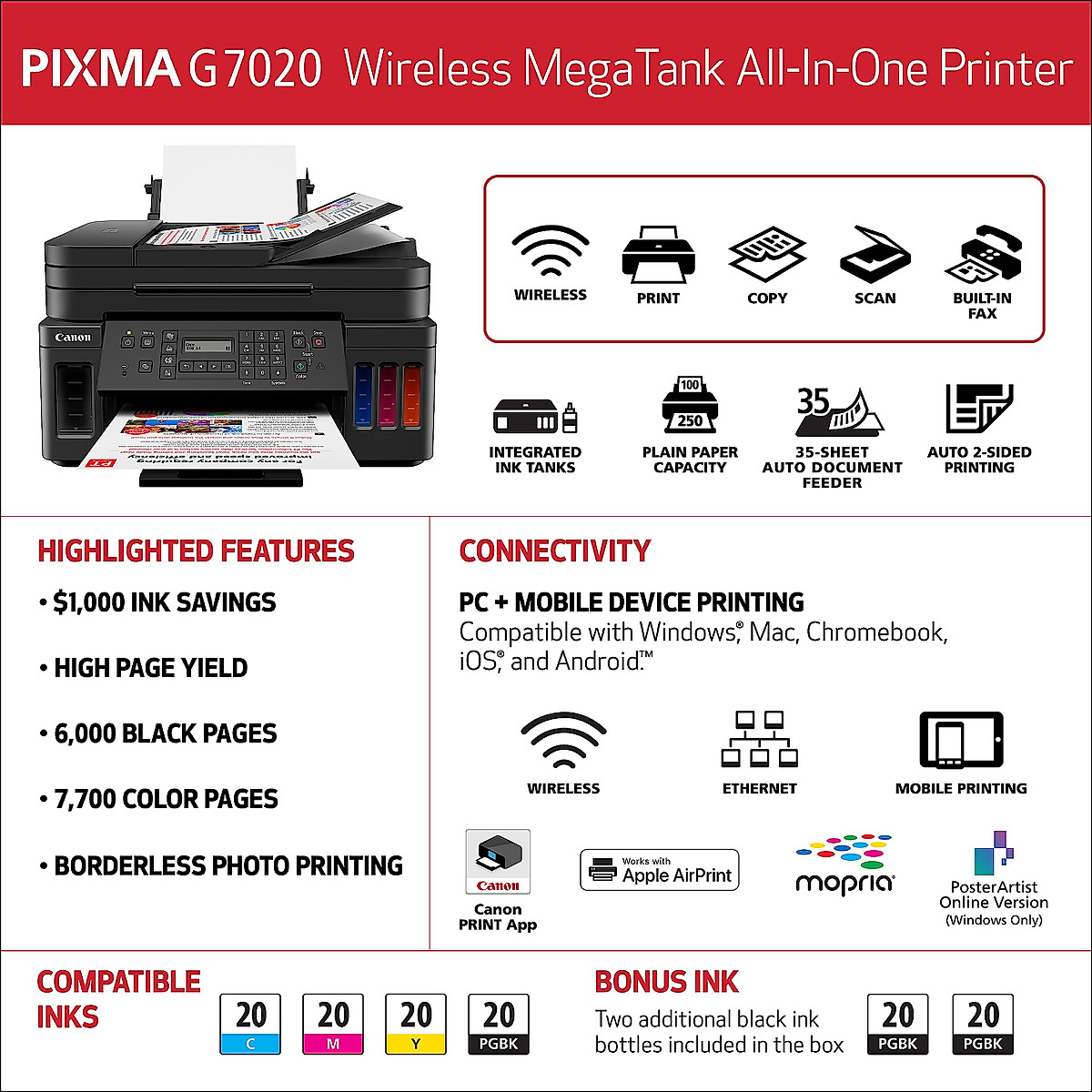 Canon G7020 All-in-One Printer Home Office | Wireless Supertank (Megatank) Printer | Copier | Scan, | Fax and ADF with Mobile Printing, Black