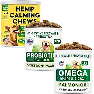 BARK&SPARK Combo of Dog Probiotics Chews + Calming Hemp Treats + Omega 3 Fish Oil Chews for Dogs - Anxiety Relief + Digestion and Immunity Support + Skin and Coat Supplement